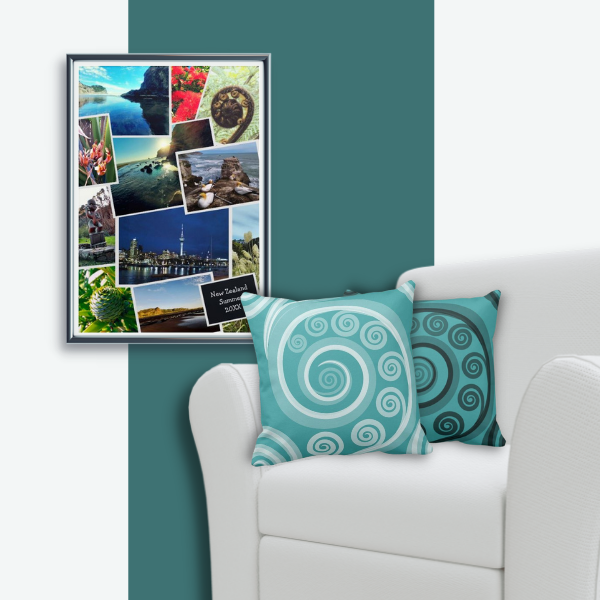 Turquoise Pillows & Photo Collage Wall Decor • KBM D3signs
